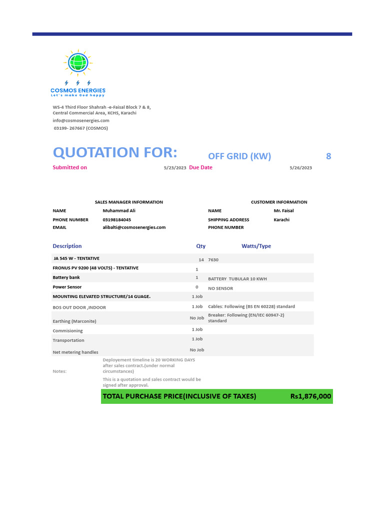 COSMOS ENERGIES QUOTATION (Muhammad Ali) - COSMOS QUOTATION-29 | PDF