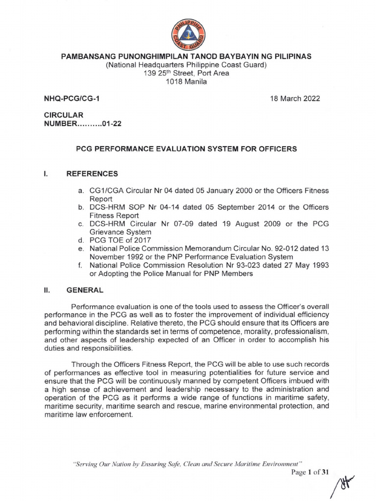 Cir 01 22 PCG Performance Evaluation System For Officers | PDF