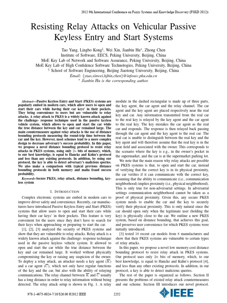 Resisting Relay Attacks On Vehicular Passive Keyless Entry and Start ...