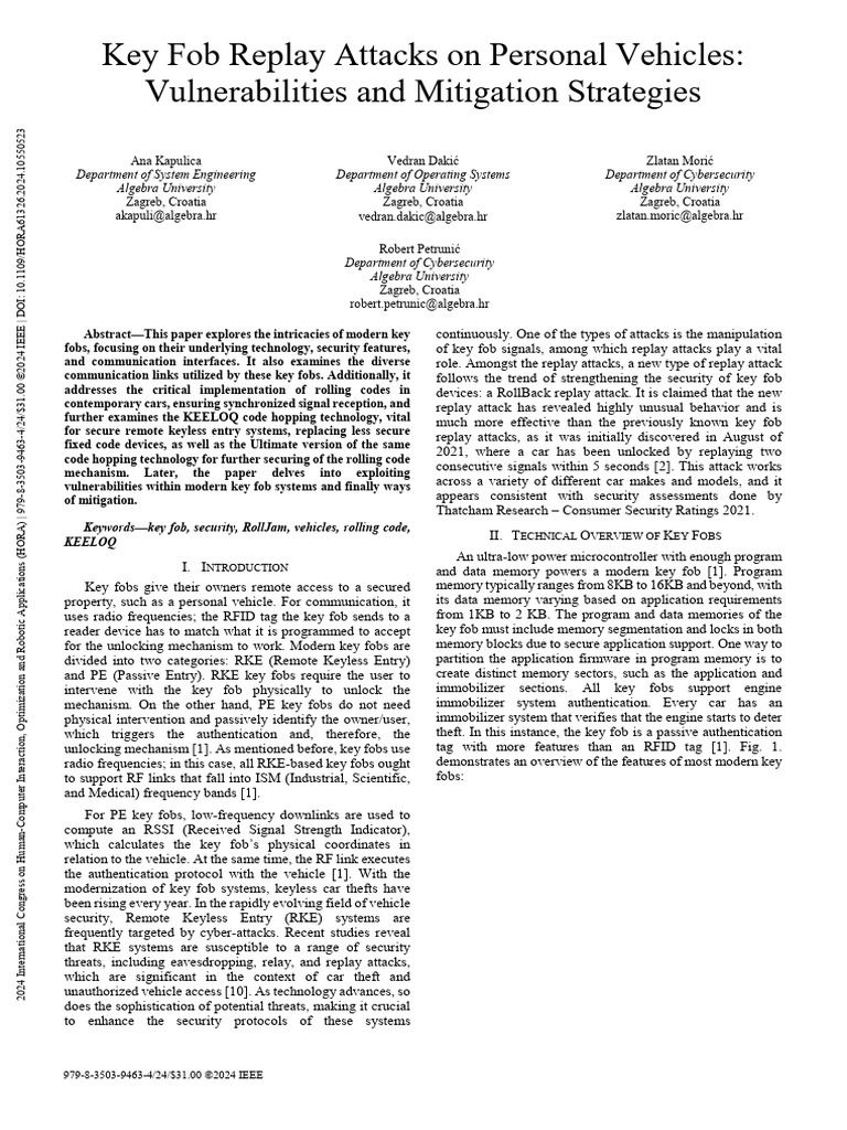 Key Fob Replay Attacks On Personal Vehicles Vulnerabilities and Mitigation Strategies 2 | PDF ...
