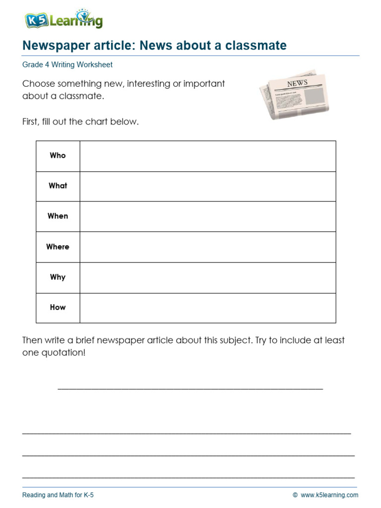Grade 4 Newspaper Article Worksheet | PDF
