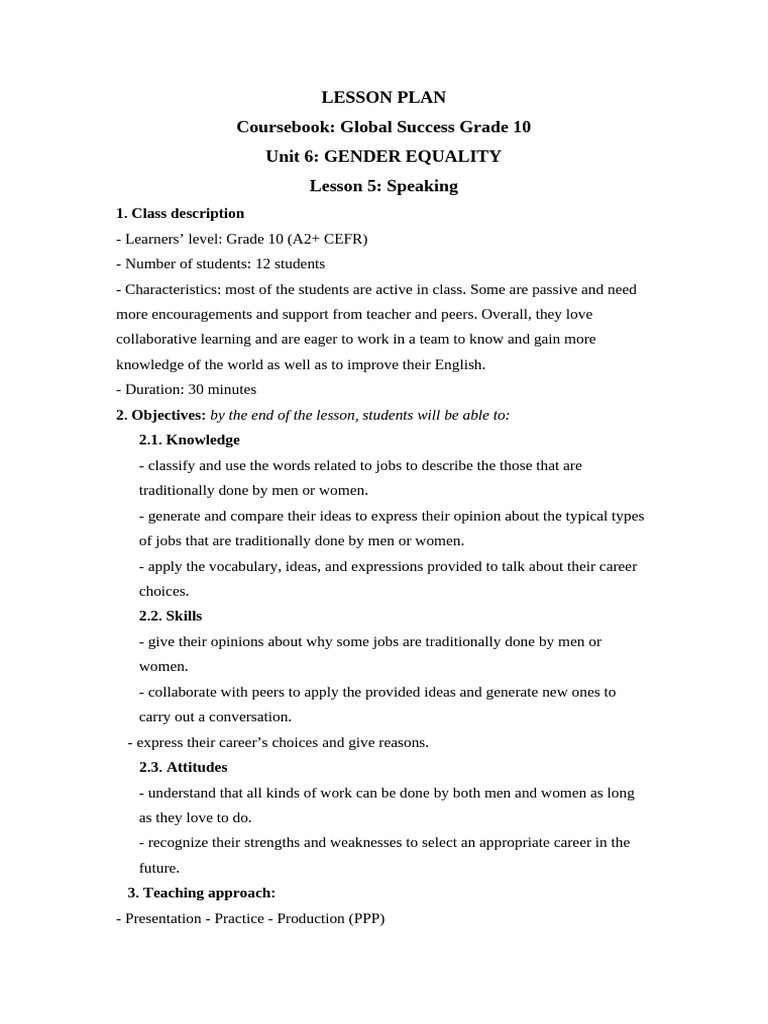 Grade 10 Gender Equality Lesson Plan | PDF | Lesson Plan | Learning