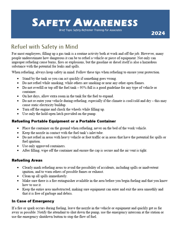 Refuel With Safety in Mind Tool Box Talk | PDF | Vehicles | Fires
