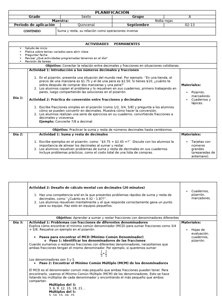 Planificación Semanal | PDF | División (Matemáticas) | Notación Matemática