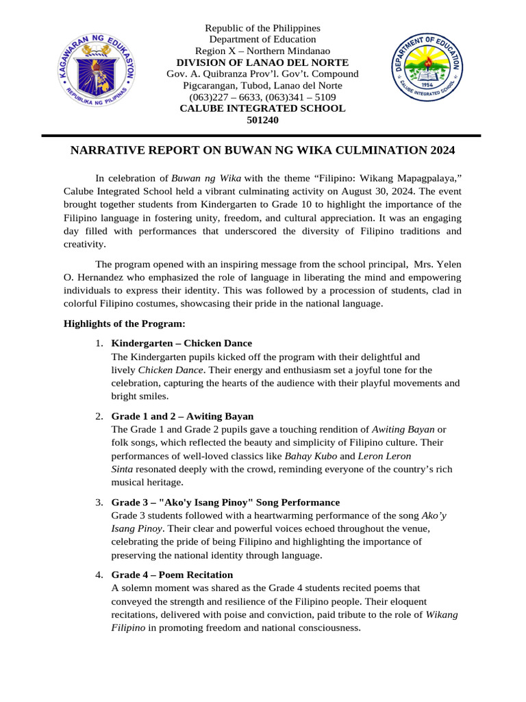 Narrative Report On Buwan NG Wika Culmination 2024 | PDF | Dances | Performing Arts