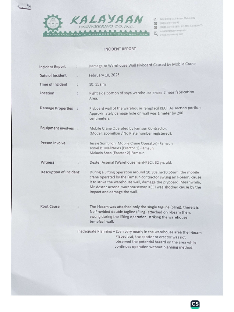 Incident Report For Damage Damage Warehouse Cause by Mobile Crane ...