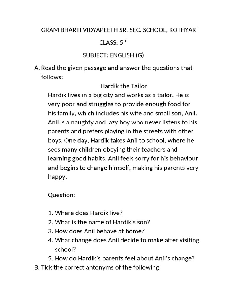 Class 5th English Grammer Final Paper | PDF