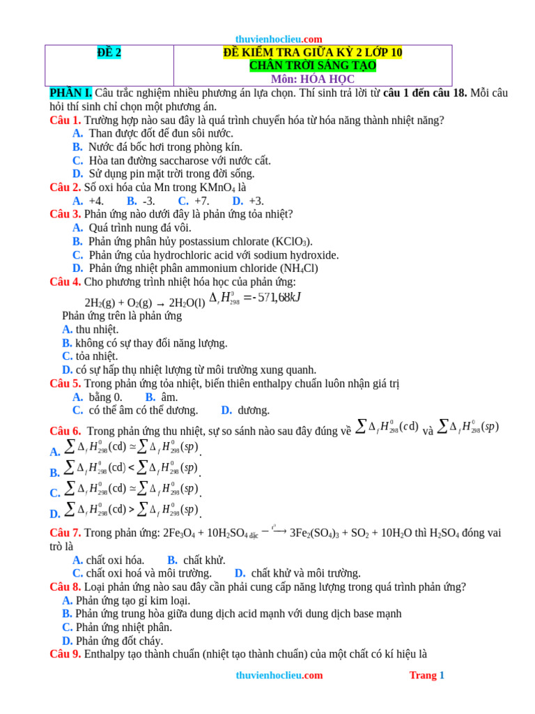Thuvienhoclieu.com de Thi Giua HK2 Hoa 10 Cau Truc Moi de 2 Hay | PDF