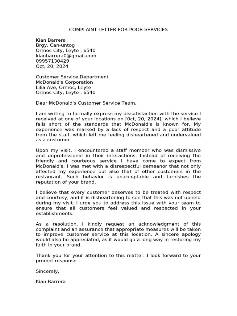 Complaint About Poor McDonald's Service | PDF