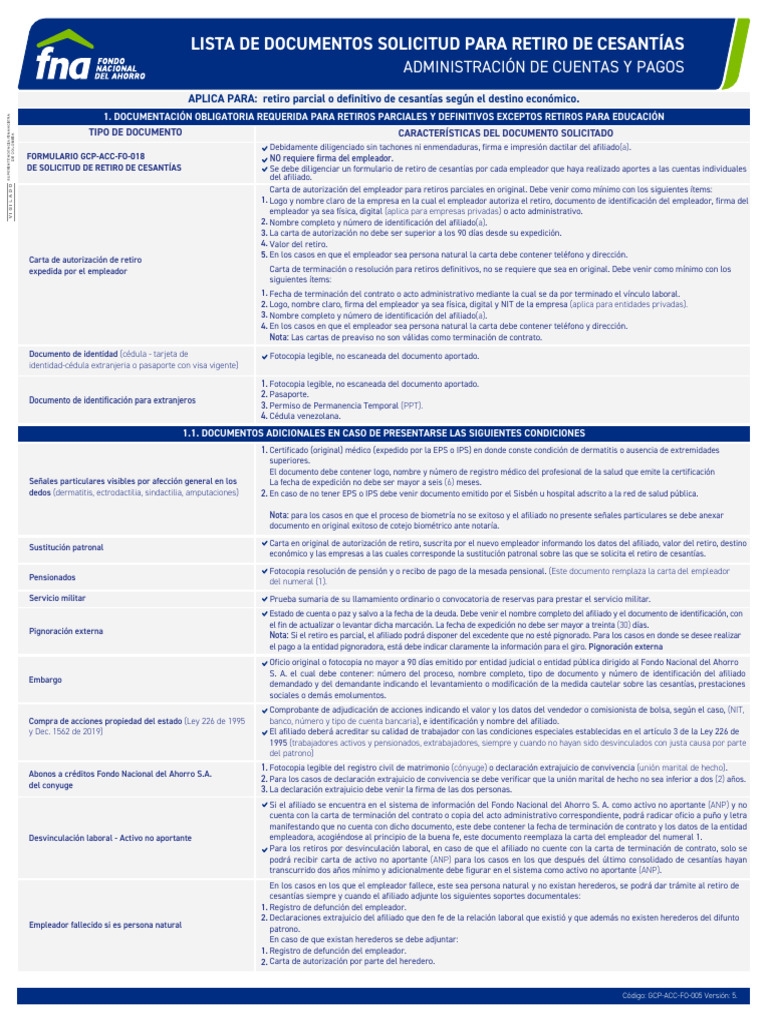 Gcp-Acc-Fo-005 Lista Documentos Retiro de Cesantías | PDF