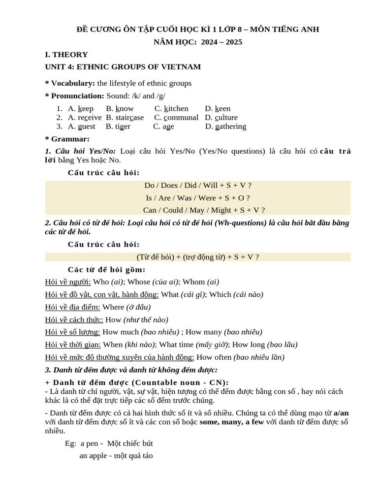 TA8_ đề cương ÔT CK1 2024 - 2025 (2) (1) | PDF