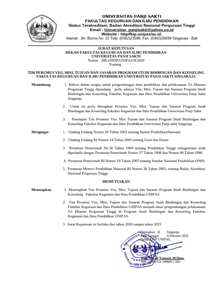 Tim Perumus Visi Misi Program Studi BK UNIPAS | PDF