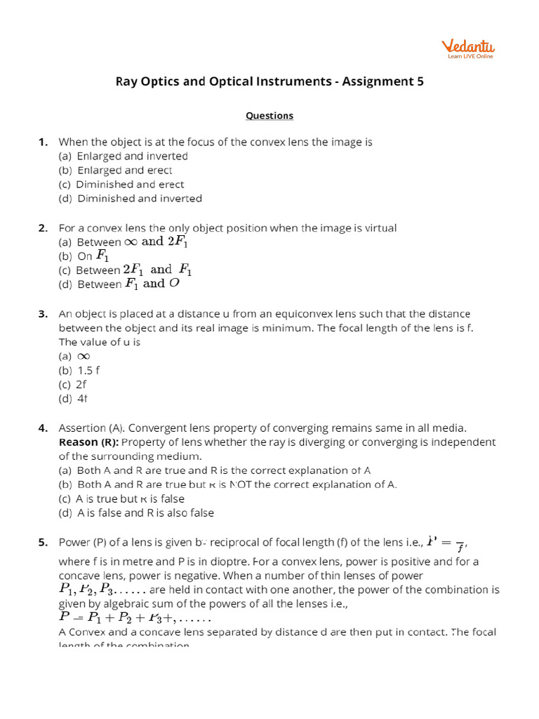 Ray Optics and Optical Instruments - Assignment 5 | PDF
