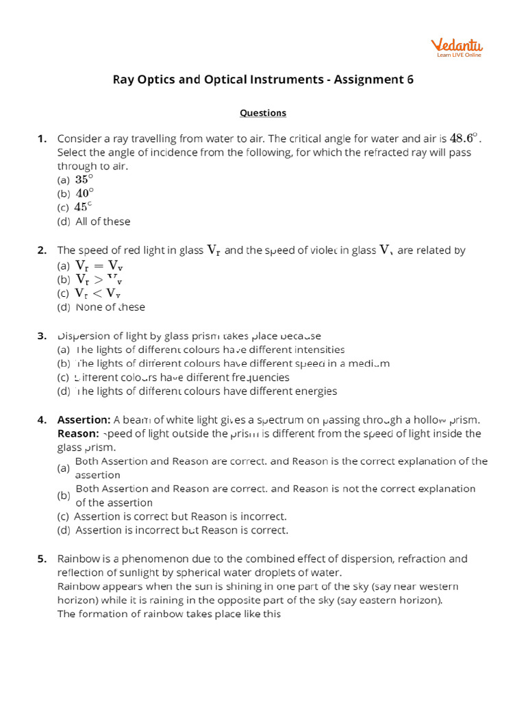 Ray Optics and Optical Instruments - Assignment 6 | PDF