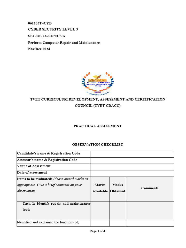 Computer Repair Assessment Checklist | PDF | Bios | Office Equipment