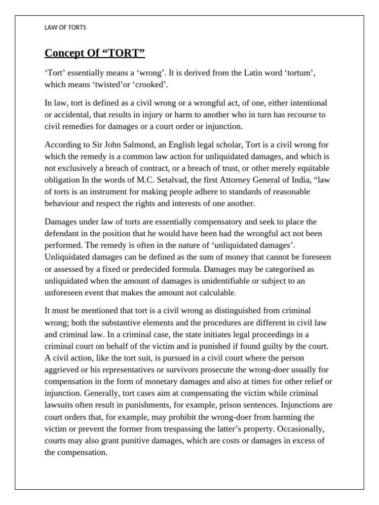 Torts-Defination, Sources and Difference | PDF | Damages | Tort