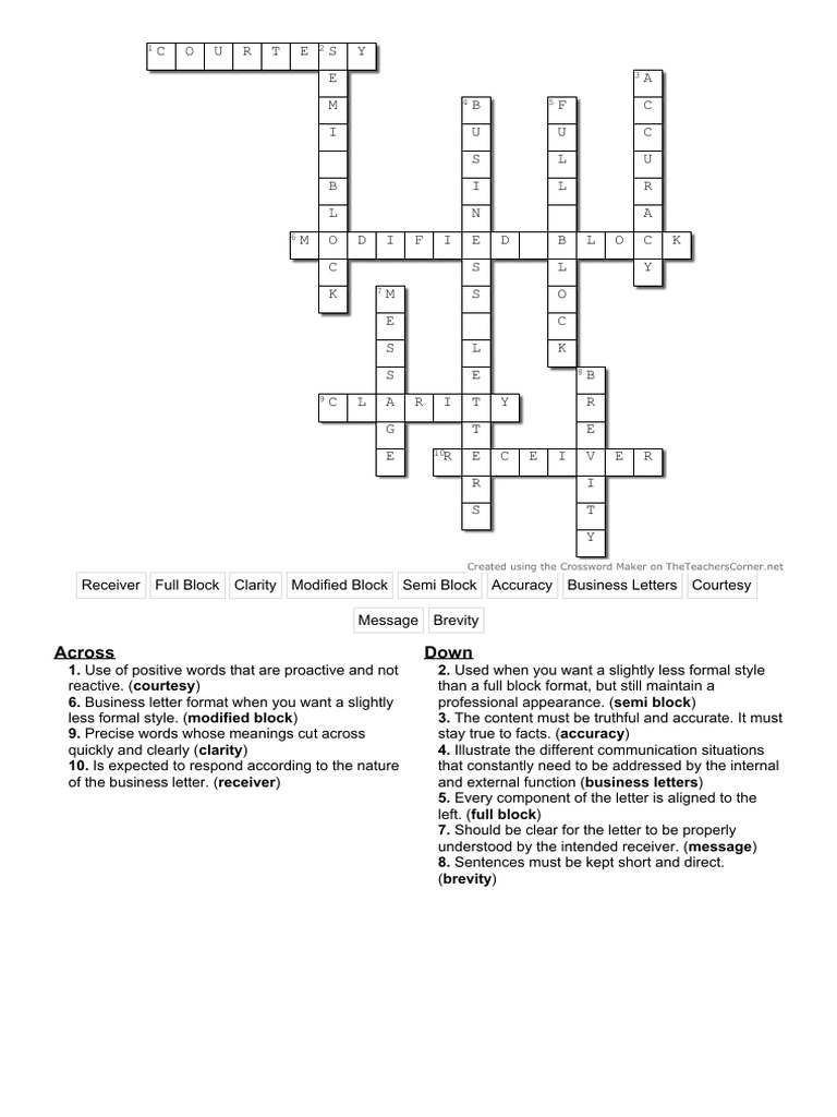 Lesson 11 - Crossword Puzzle (Answer Key) | PDF | Human Communication ...