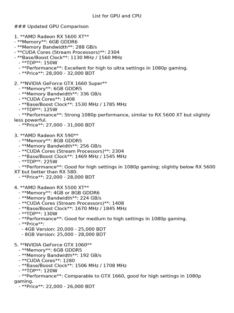 List for GPU and CPU | PDF | Graphics Processing Unit | X86 Architecture