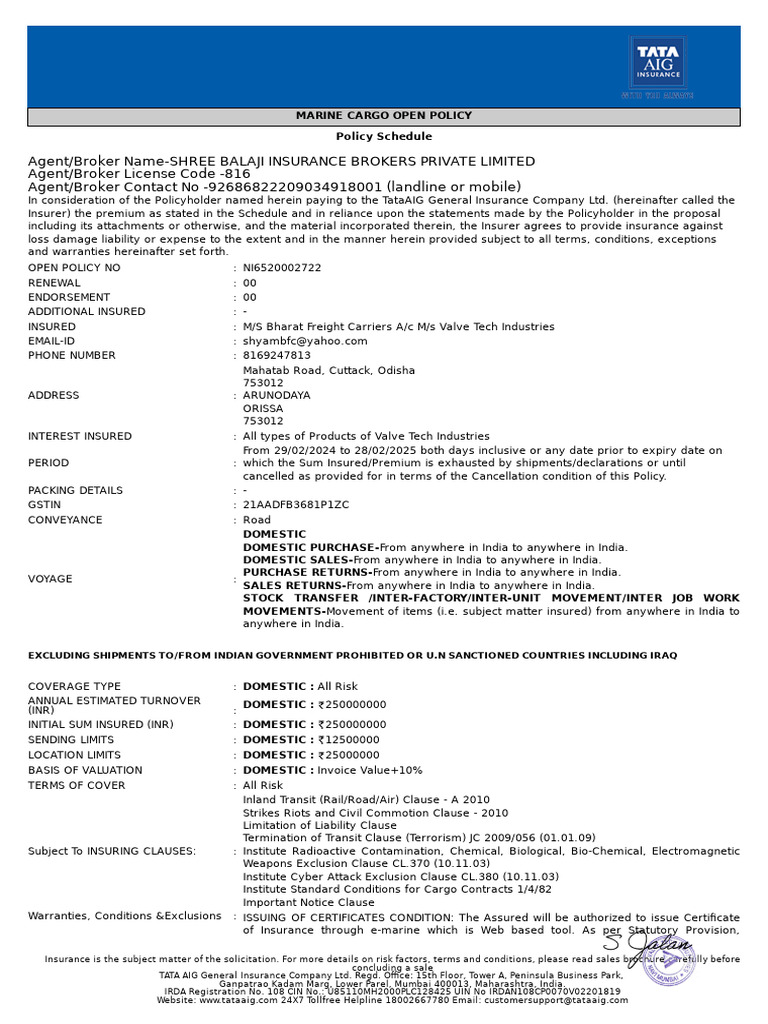 Marine Cargo Open Policy Details | PDF | Insurance | Cargo