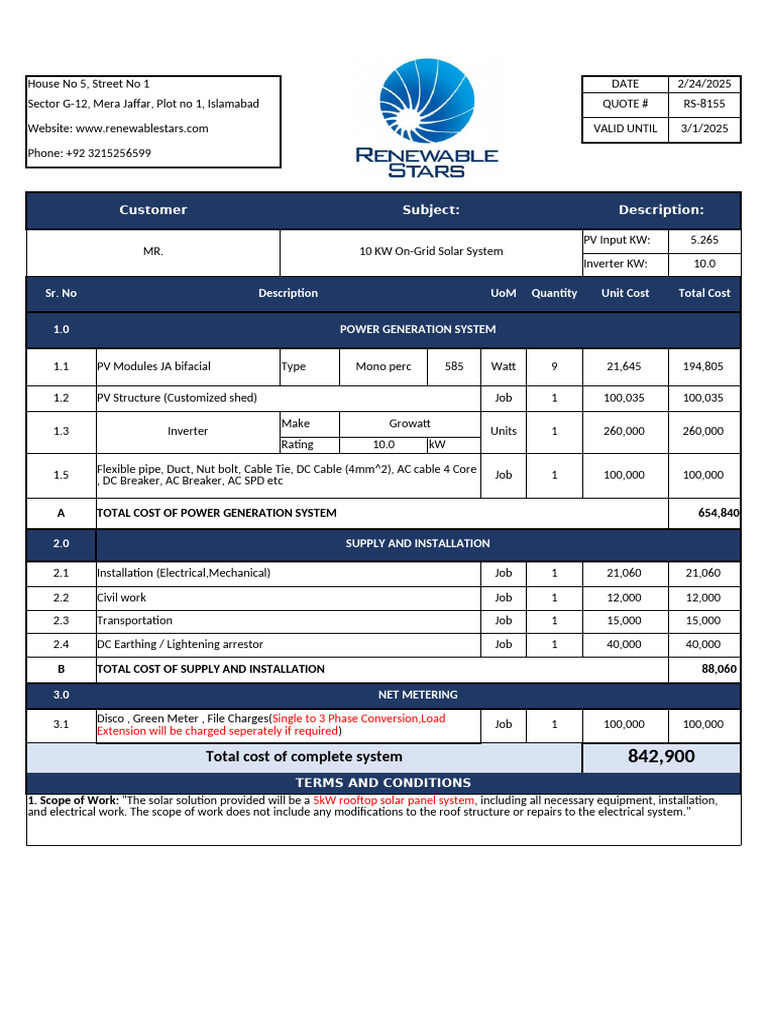 Quotation For 5kw PV and 10kw Growatt Inverter - MR Ahmed Touheed | PDF ...
