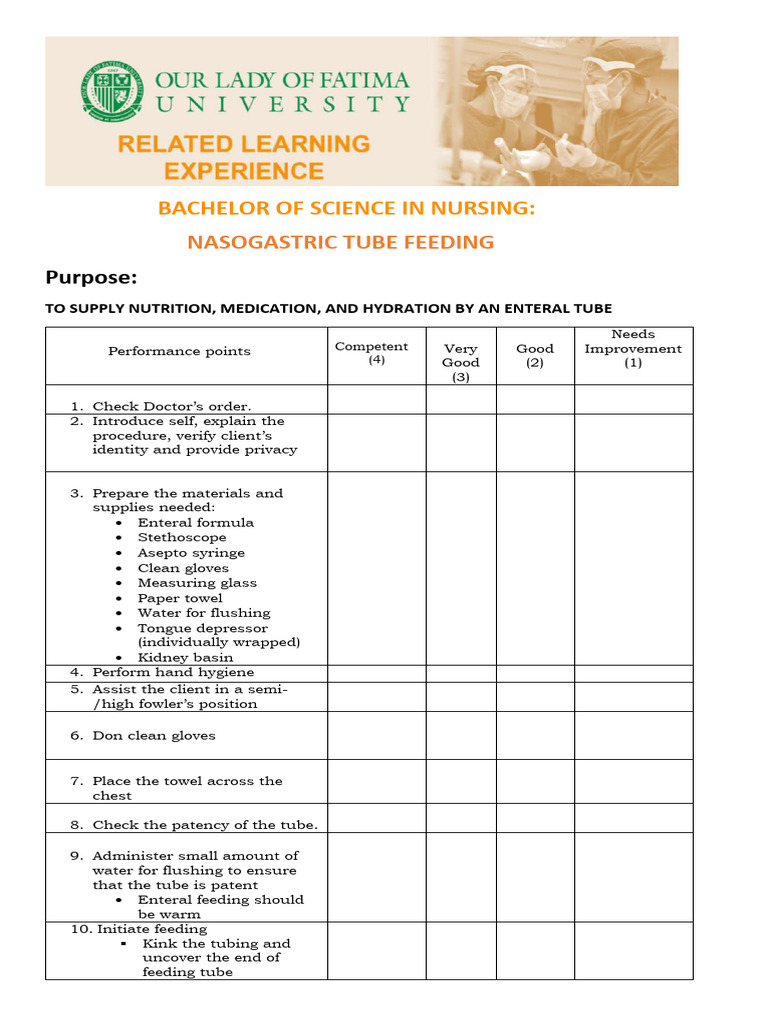 PERFORMANCE CHECKLIST NGT FEEDING Adult 1 | PDF