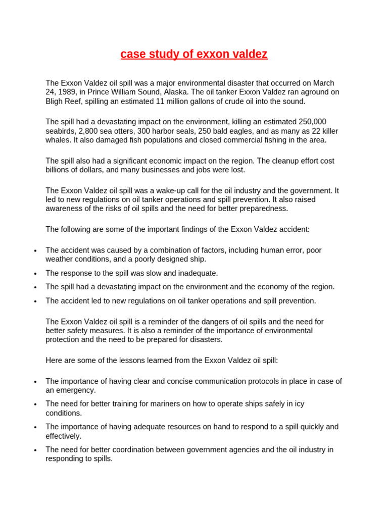 1 Case Study of Exxon Valdez | PDF | Oil Spill | Petroleum Industry