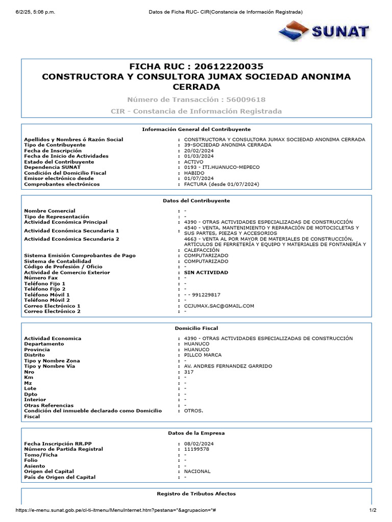 Ficha RUC Constructora Jumax S.A.C. | PDF