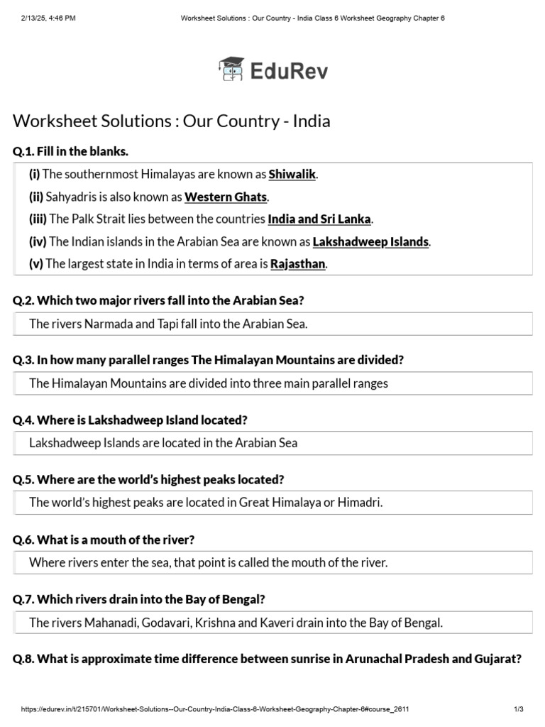 Worksheet Solutions - Our Country - India Class 6 Worksheet Geography ...