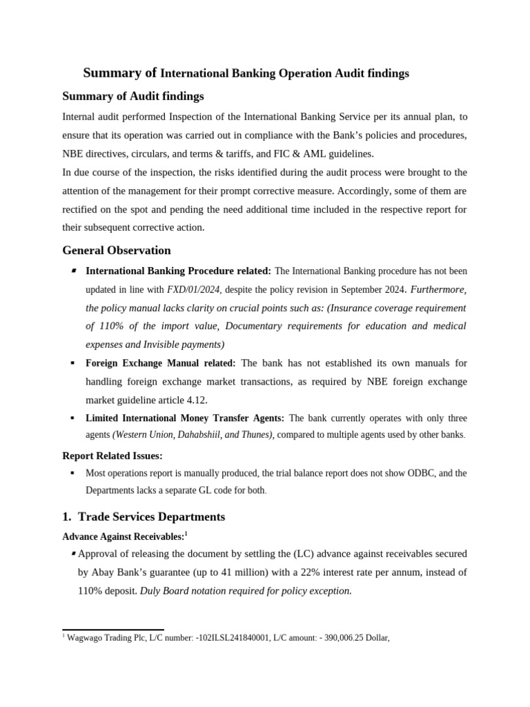 International Banking Audit Findings Summary | PDF | Banks | United ...