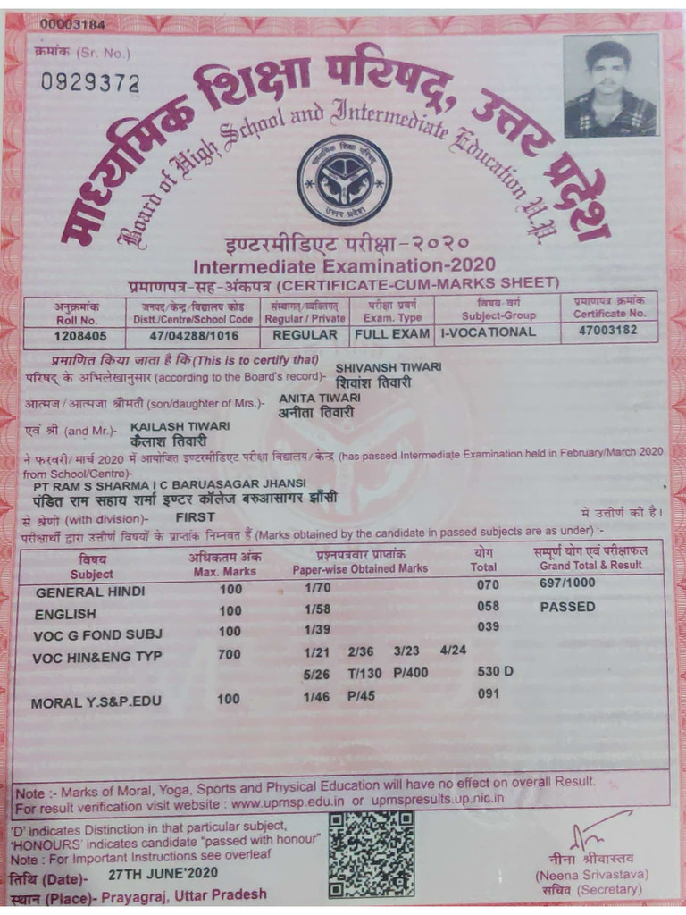 Inter Marksheet | PDF