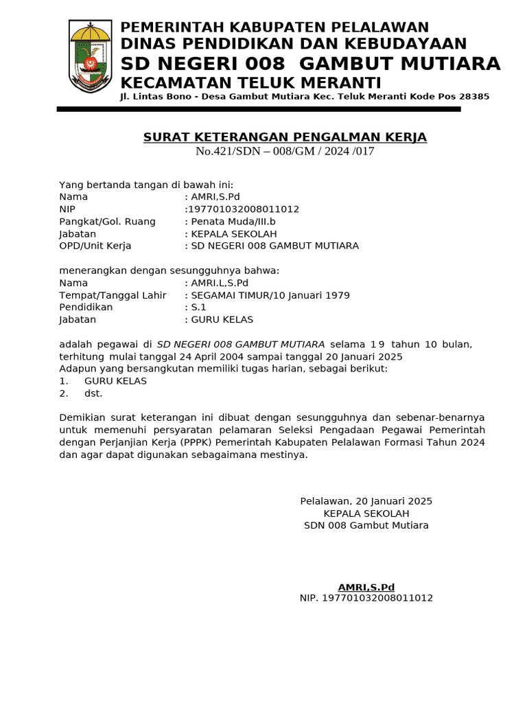 Lampiran IV Format Surat Keterangan Pengalaman Kerja | PDF