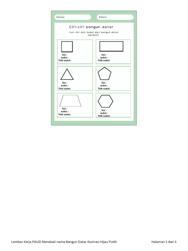 Lembar Kerja PAUD Menebali nama Bangun Datar Ilustrasi Hijau Putih ...