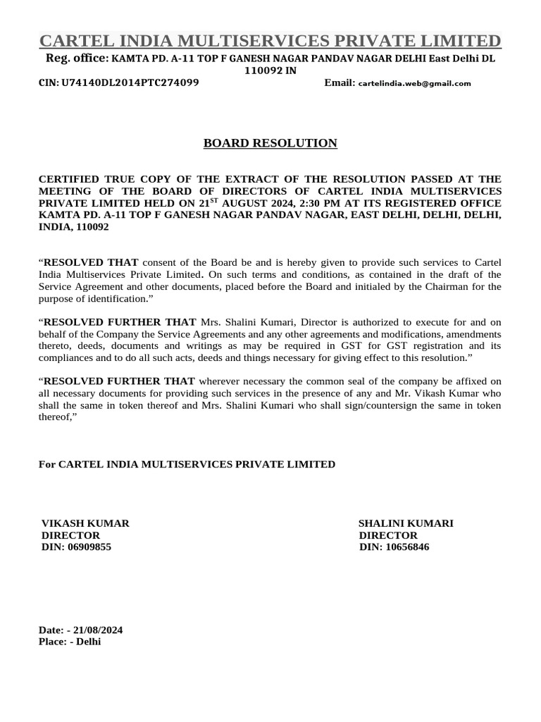 BOARD RESOLUTION Format | PDF
