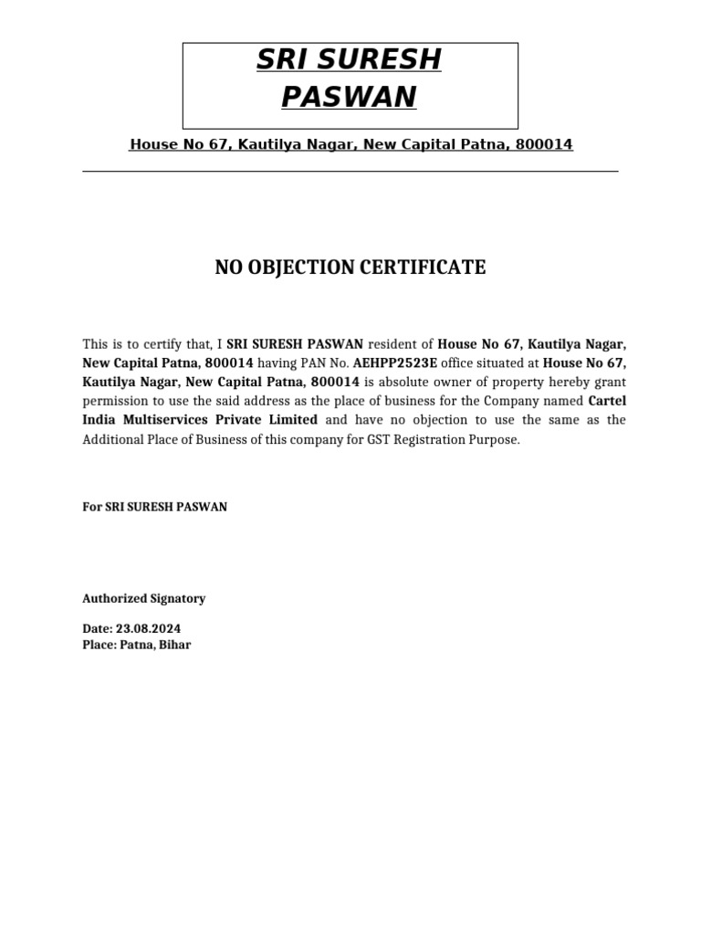 NOC for Business Address Use | PDF