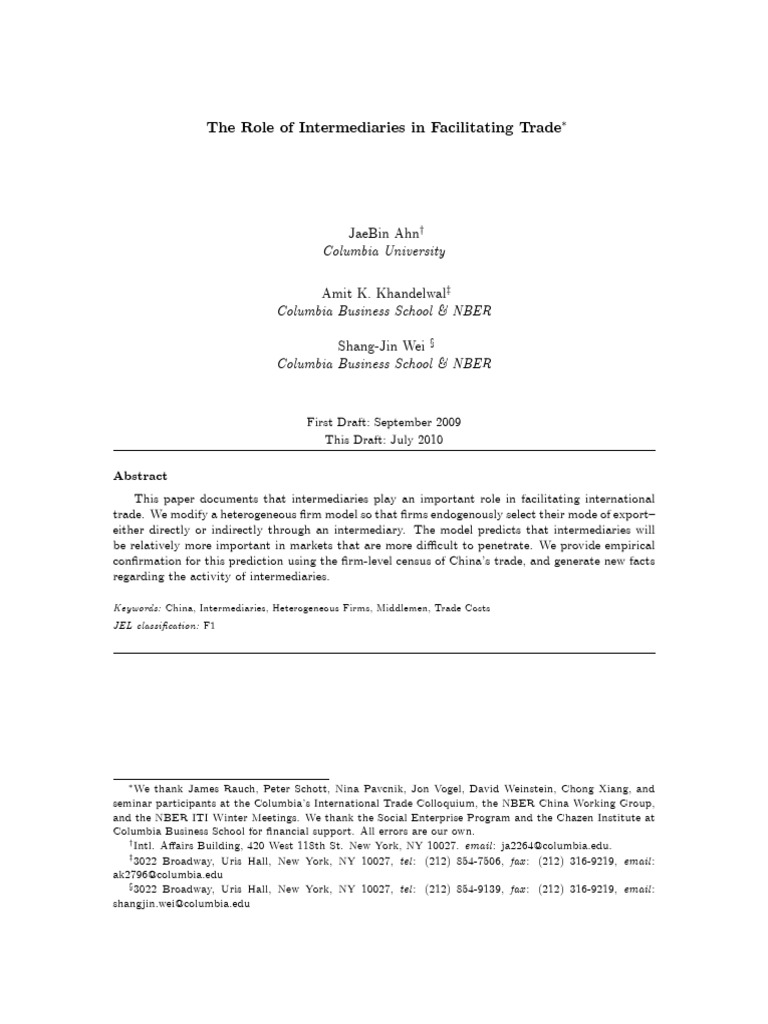 The Role of Intermediaries in Facilitating Trade: Columbia University ...