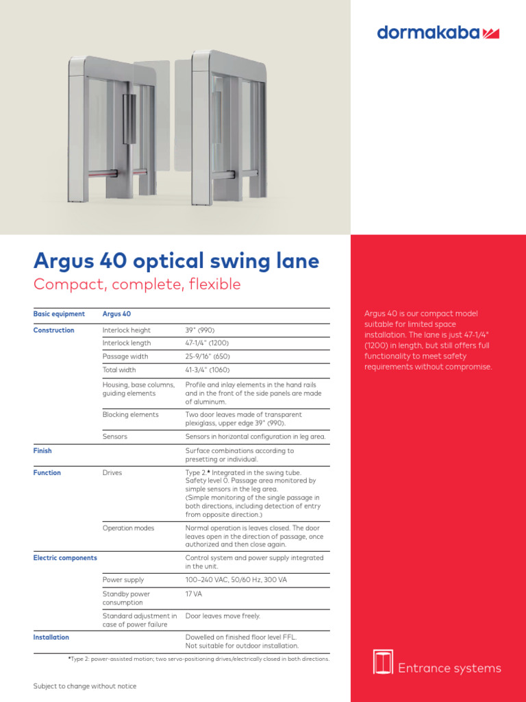 Argus 40 Optical Swing Lane Data Sheet | PDF | Door | Power Supply
