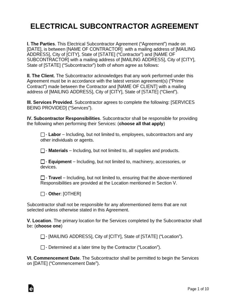 Electrical Subcontractor Agreement Template | PDF | Indemnity | Insurance