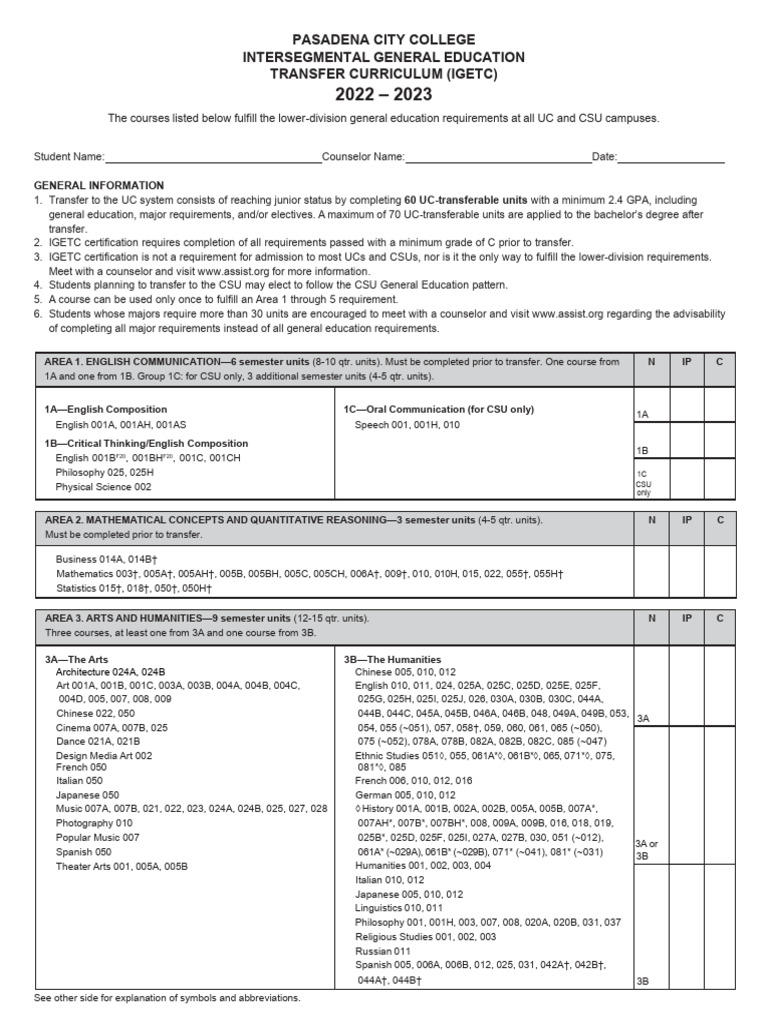 IGETC Prior To Fall 2023 | PDF | Science | Liberal Arts Education