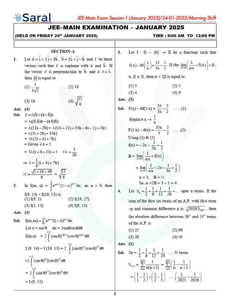 JEE Main 2025 Question Paper With Solution 24 Jan Shift 1 PDF | PDF ...