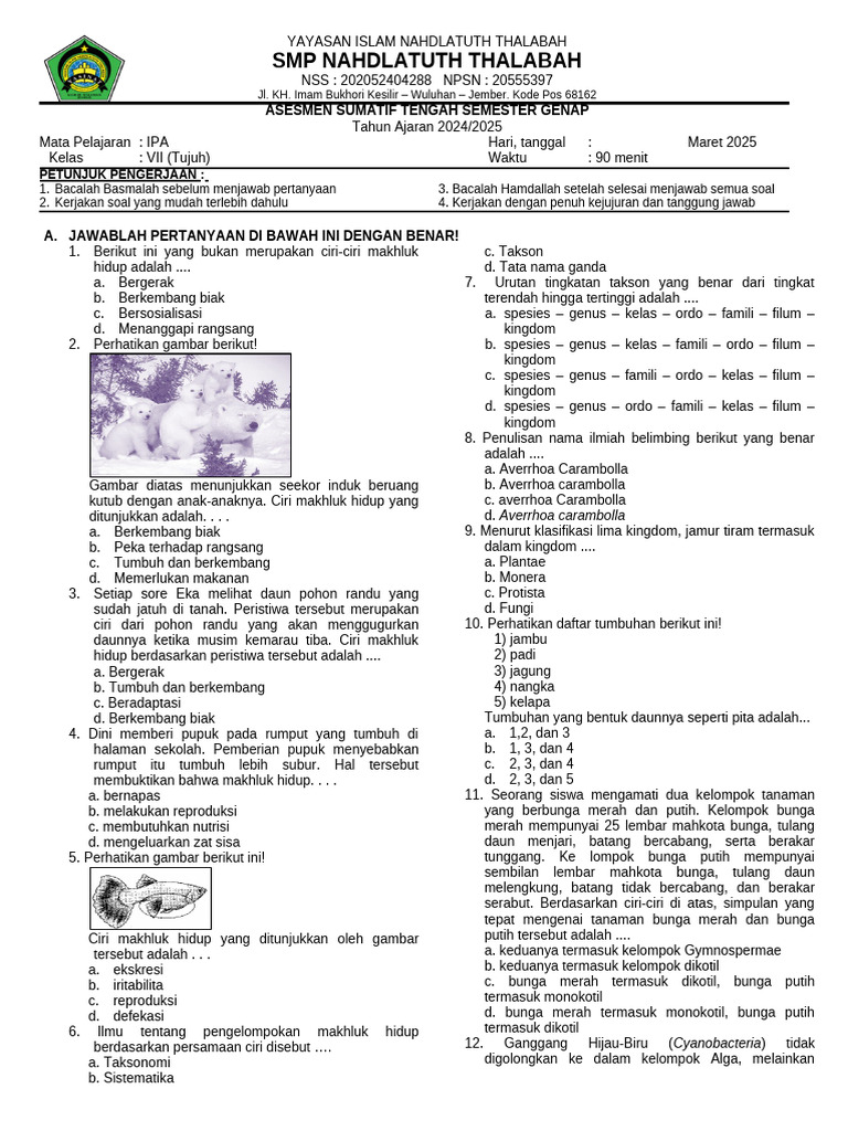 Soal PTS IPA Kelas 7 Semester Genap 2025 | PDF