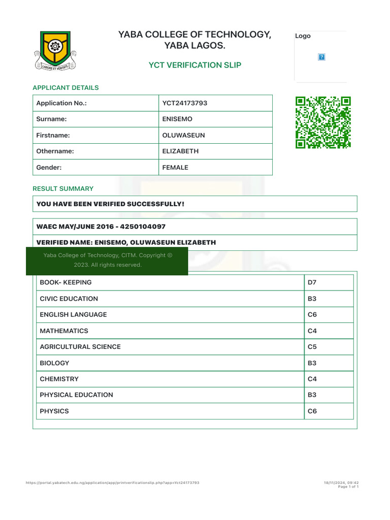 Yct Verification Slip For Enisemo Oluwaseun | PDF