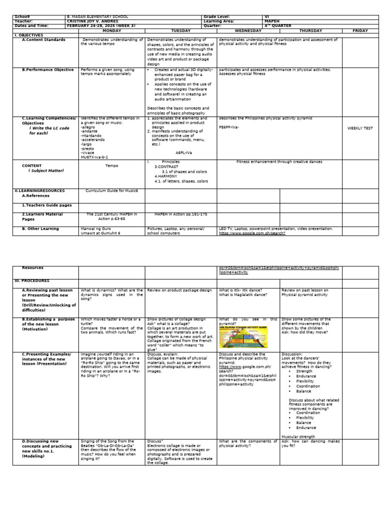 DLL_MAPEH 6_Q4_W3 | PDF | Tempo | Collage