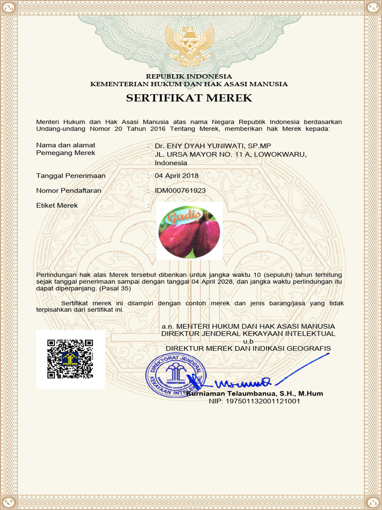 Contoh Sertifikat Merek Indonesia | PDF