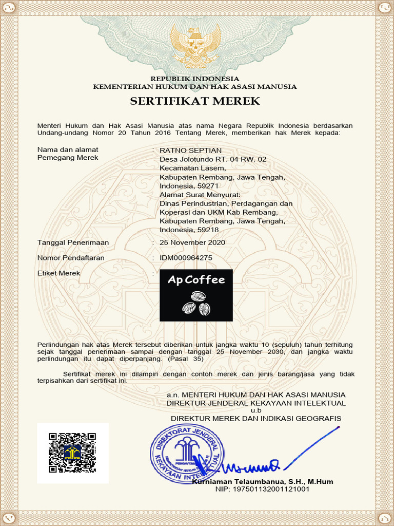 Contoh Sertifikat Merek Indonesia | PDF