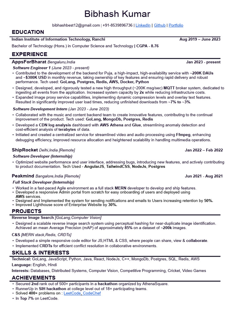 Bibhash Kumar SDE Resume | PDF | Postgre Sql | Software Development