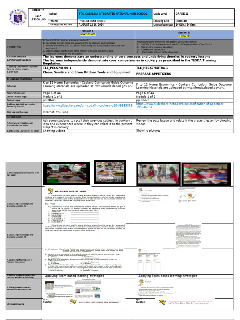 DLL Cookery AUG.5 9, 2024 1ST SEM. | PDF | Curriculum | Learning
