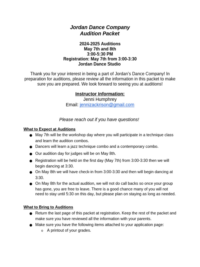 Jordan Dance Company Tryout Packet | PDF | Audition | Performing Arts