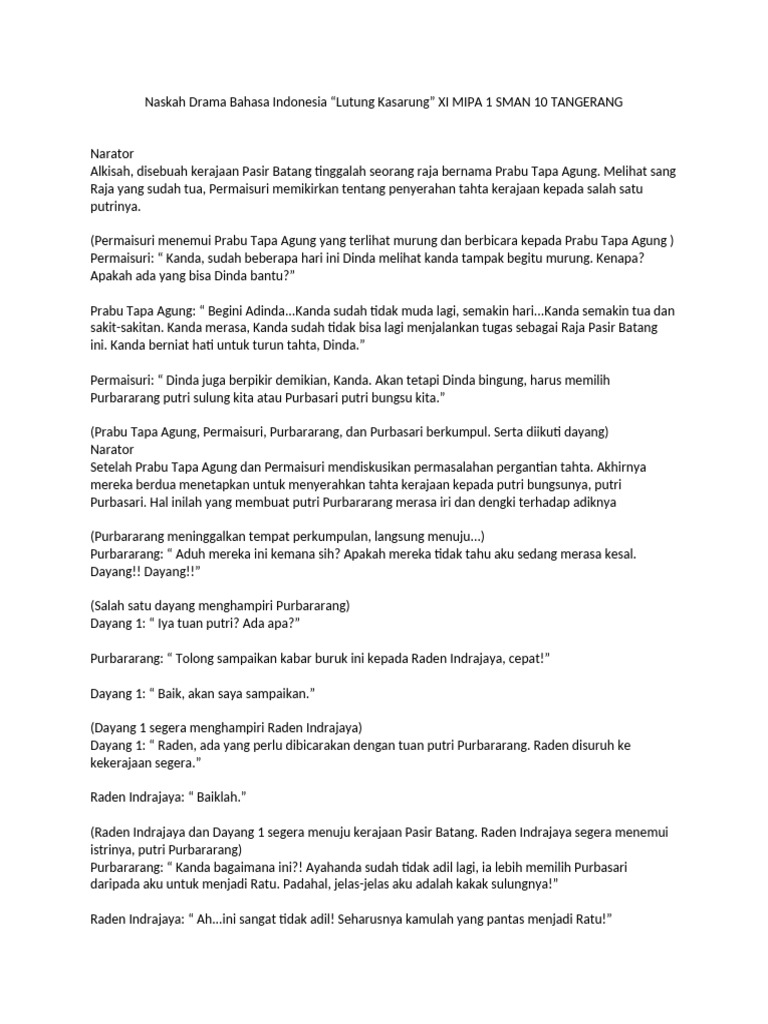 Naskah Drama Bahasa Indonesia UPRAK XII IPS 1 25 LUTUNG KASARUNG PART 2 | PDF