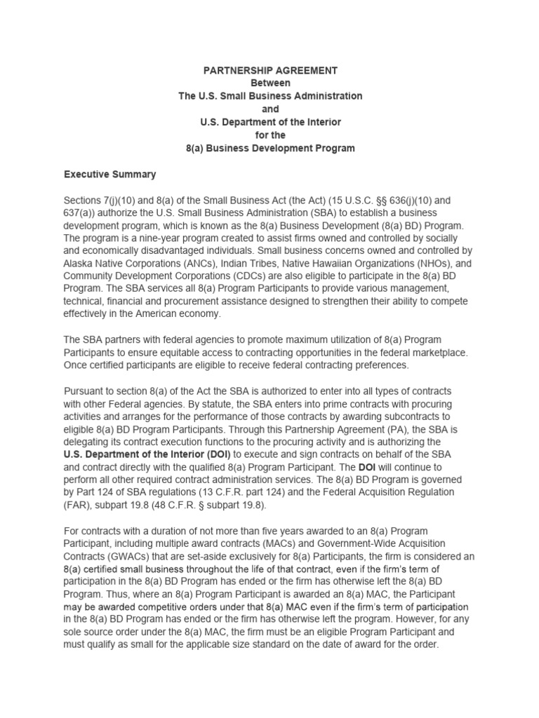 Department of The Interior Partnership Agreement - DOI - SBA Signed Sep ...