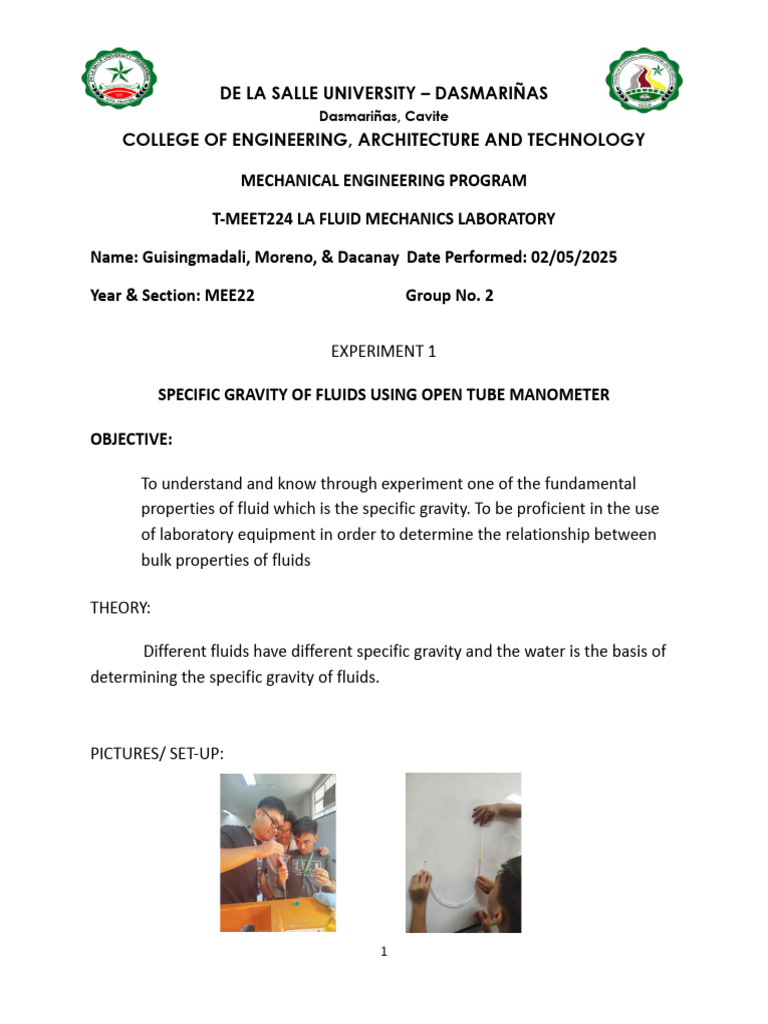 Fluid Mechanics Laboratory Experiment 1 | PDF | Pressure Measurement | Experiment